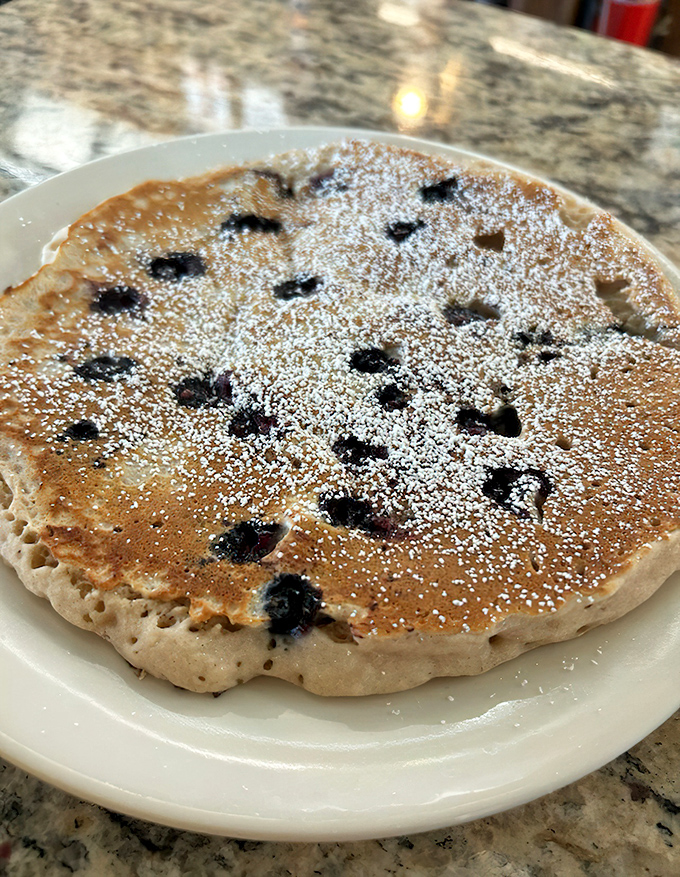 This blueberry pancake isn't just breakfast&mdash;it's edible art. The powdered sugar snow atop a golden landscape dotted with berry treasures.
