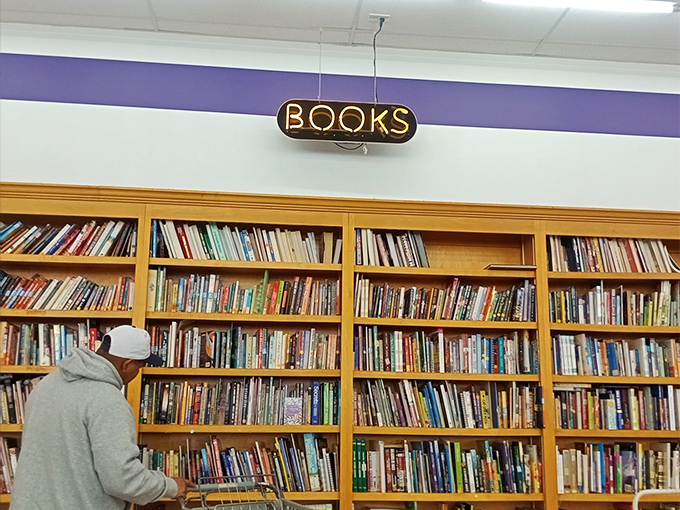Books stacked with care, spines revealing everything from bestselling thrillers to forgotten classics. Stephen King neighbors with cookbooks in this literary democracy. 