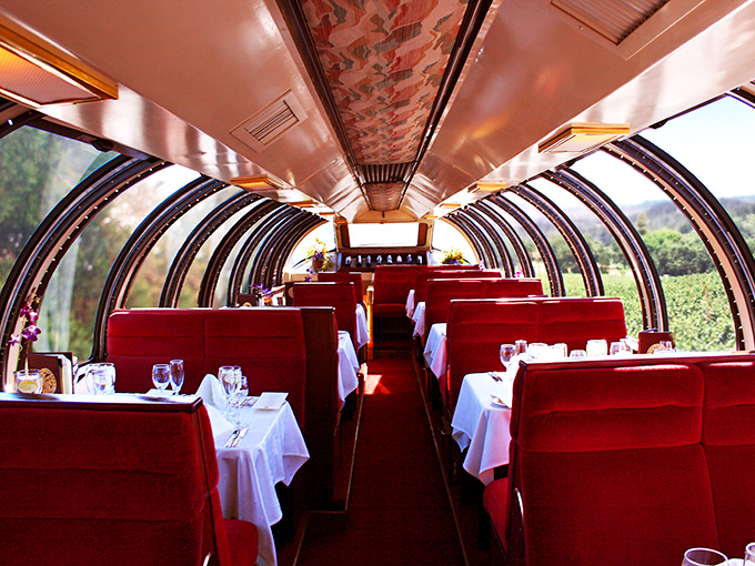 The Vista Dome car offers a 180-degree panorama of Napa's splendor. It's like dining inside a postcard&mdash;one that happens to serve excellent cabernet.