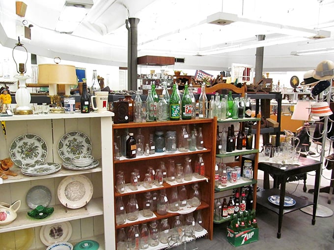 Vintage bottles and Depression-era plates create a rainbow of nostalgia that would make Martha Stewart positively swoon.