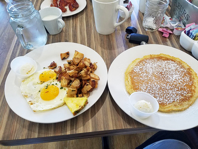 Sunny-side up eggs and a pancake dusted with powdered sugar &ndash; the breakfast equivalent of having your cake and eating it too.