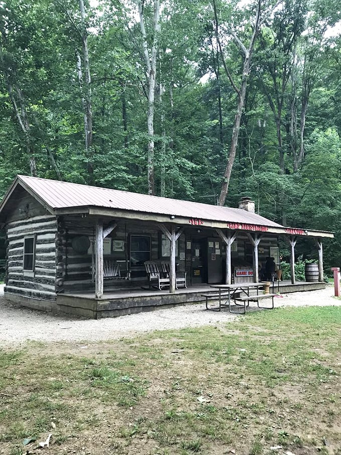 Not your average convenience store! This rustic log cabin camp store welcomes weary adventurers with rocking chairs and essential supplies.