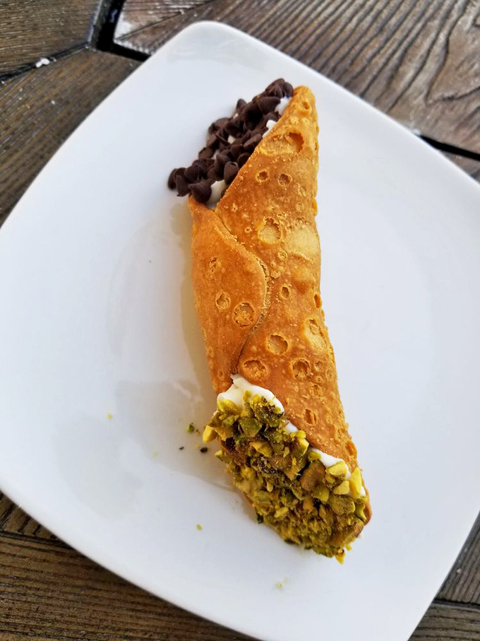 Not just any cannoli, but a study in contrasts: shatteringly crisp shell, velvety filling, chocolate chips, and pistachios playing their supporting roles to perfection.