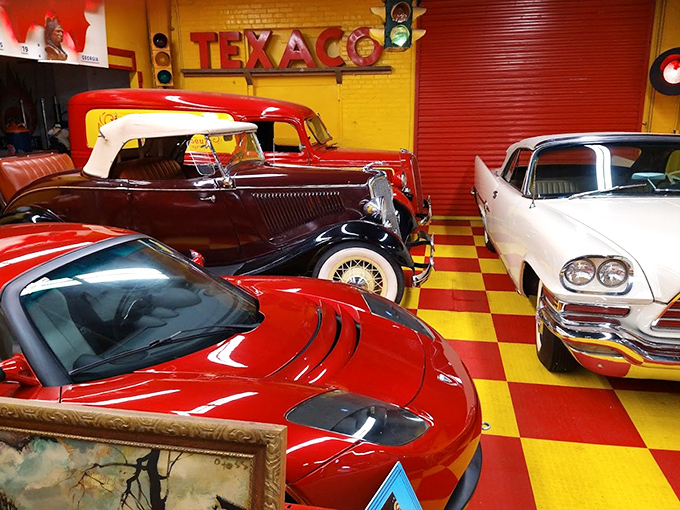 Classic cars gleam under the lights, their cherry-red finish as pristine as the day they rolled off the assembly line.