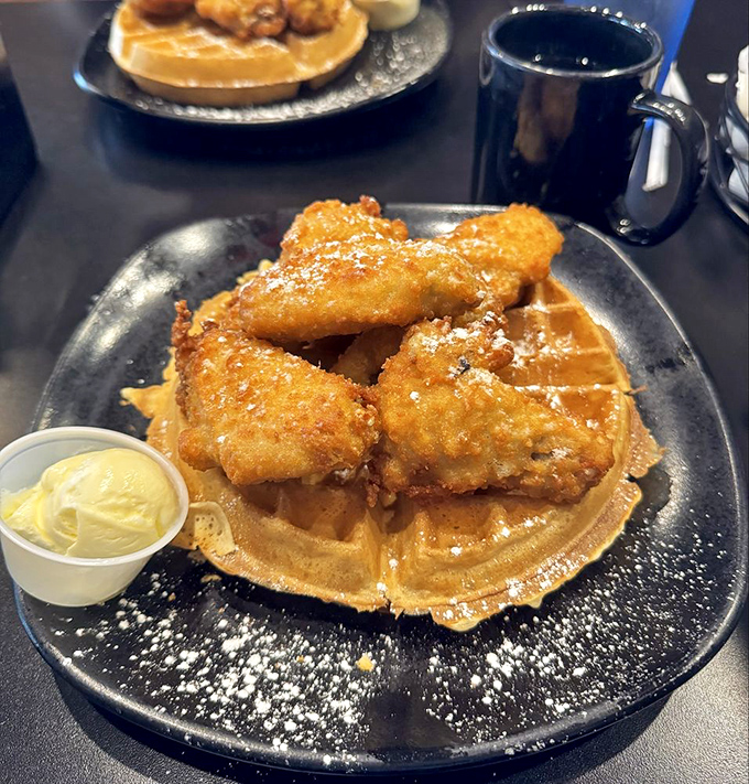 Chicken and waffle nirvana: where crispy meets fluffy, savory meets sweet, and diet plans go to die gloriously.