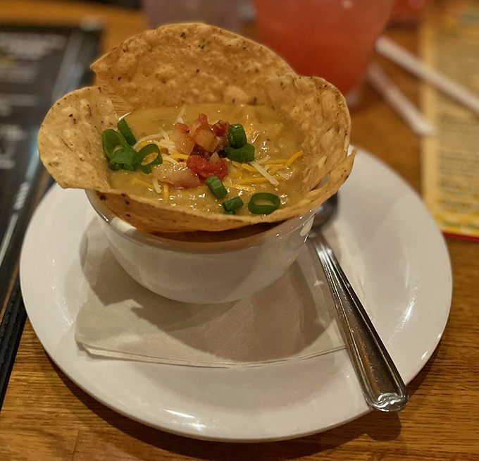 Golden comfort in a tortilla bowl - because sometimes presentation matters as much as flavor.