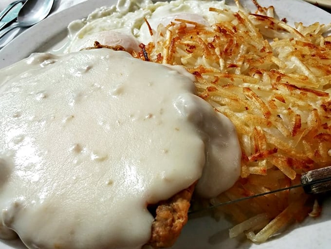 Chicken fried steak at Frank's comes draped in country gravy so good you'll want to write home about it, with golden hash browns that crackle with each forkful.