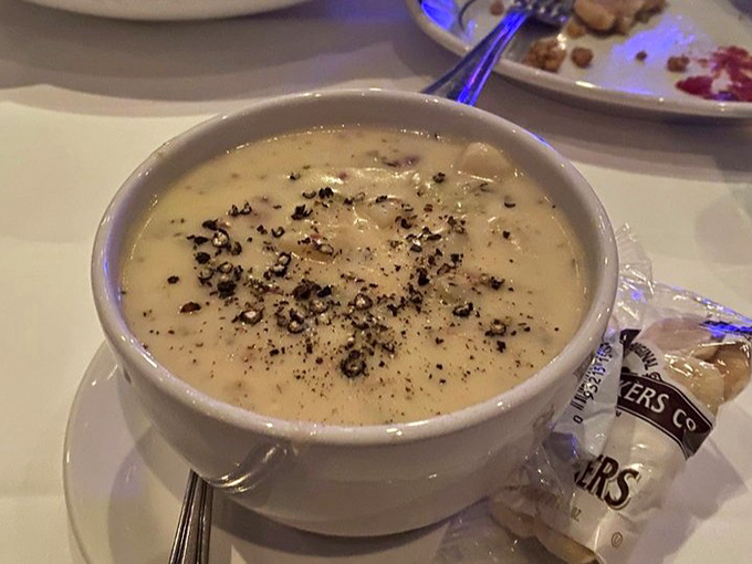 This isn't just clam chowder; it's a creamy bowl of New England nostalgia that would make a Bostonian weep with joy.
