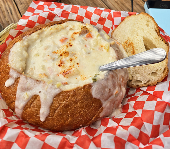 Clam chowder so thick the spoon practically stands at attention, served in a sourdough bread bowl that's both vessel and dessert.
