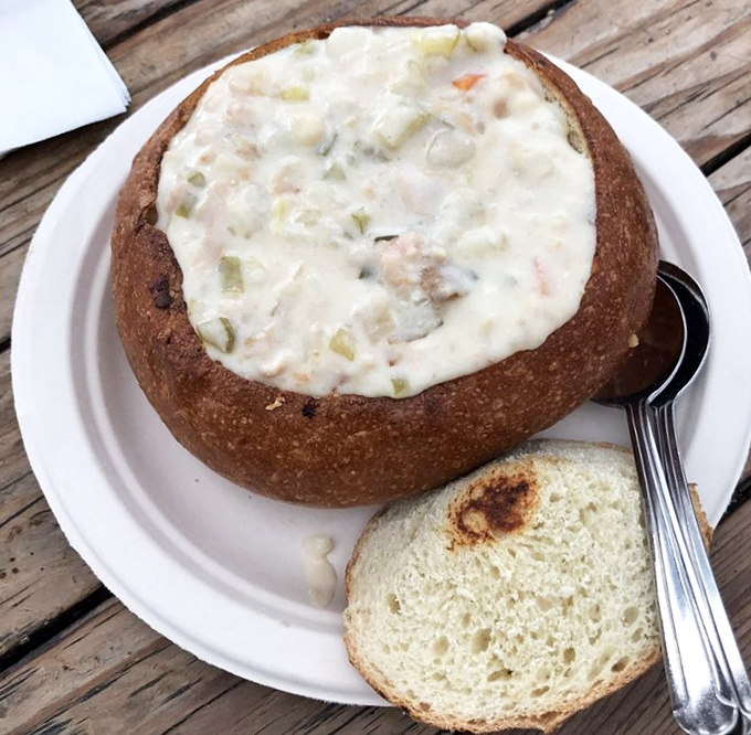 Clam chowder served in a sourdough bread bowl&mdash;California's delicious answer to "why use dishes when you can eat them?"