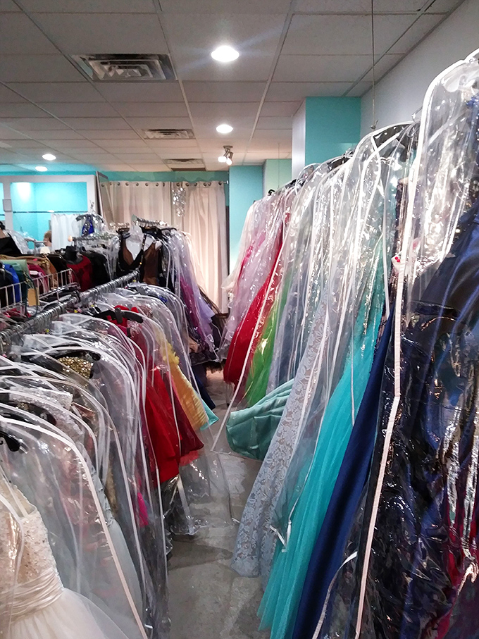 Not just clothes, but possibilities hanging in neat rows. Each garment a second chance at making a first impression.