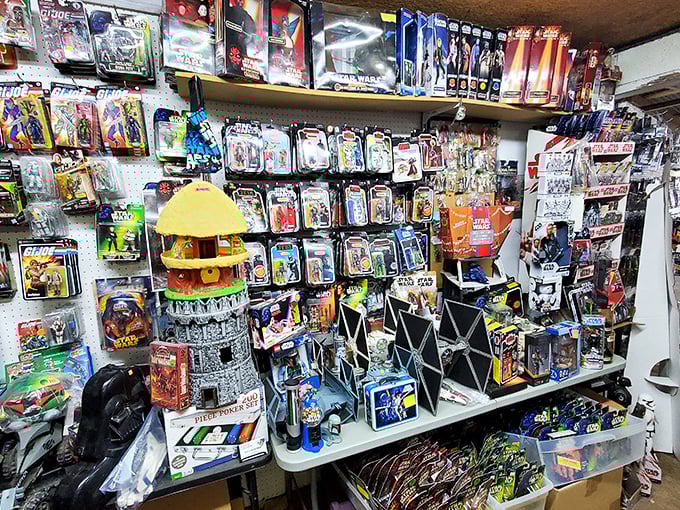 Star Wars meets superheroes in this collector's nirvana. The Force is strong with this vendor's impressive array of still-boxed action figures.