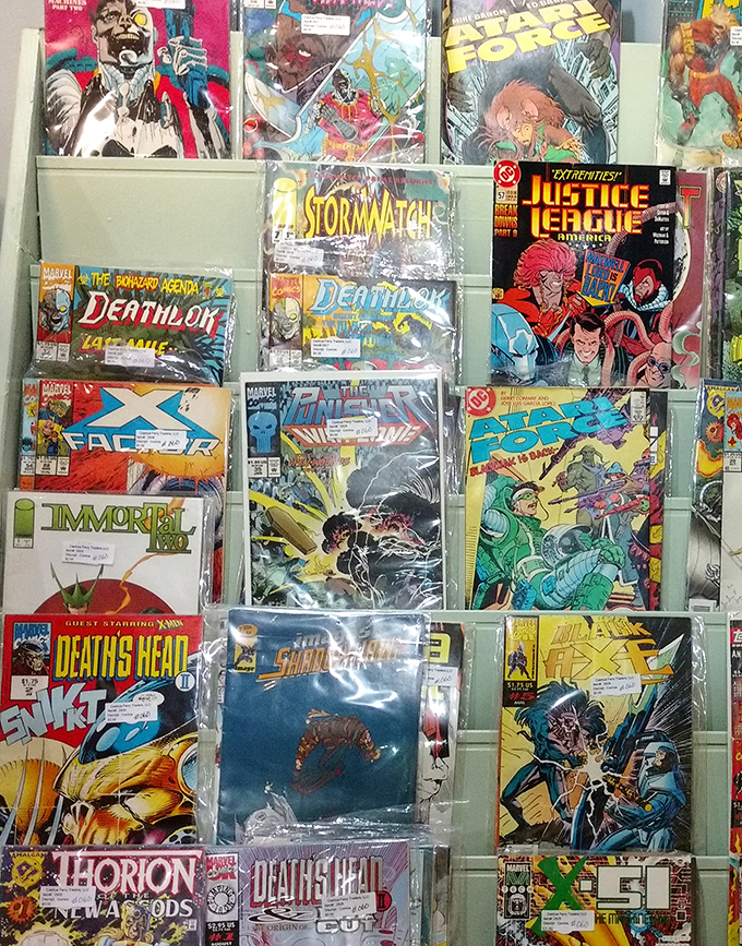 Comic book collectors' paradise where superhero dreams and childhood memories collide in colorful displays.