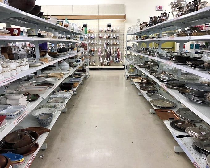 The dishware aisle at Value Village &ndash; where your grandmother's china pattern and that weird serving platter from your neighbor's 1978 dinner party finally reunite.