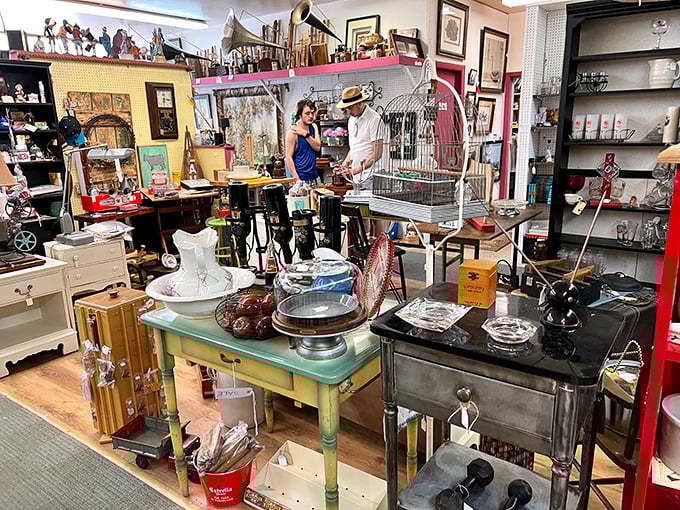 Shoppers navigate the delightful maze of history, where conversations between strangers often begin with "My grandmother had one just like that!"