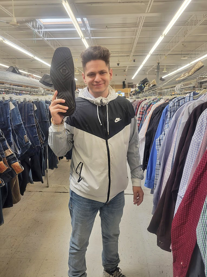 Look what I found! That triumphant moment when scoring the perfect shoe is universal thrift store language everyone understands.
