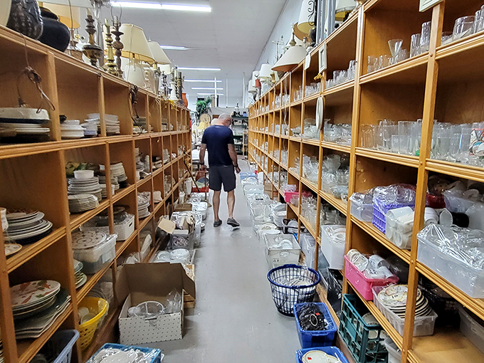 Wooden shelves stretch toward the horizon, filled with dishes and glassware that once graced other homes, now awaiting their second act.