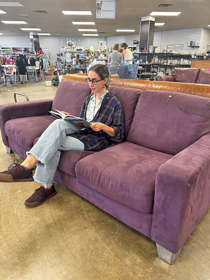 Test-driving comfort is essential&mdash;this plush purple sofa might just follow someone home after a successful shopping expedition.