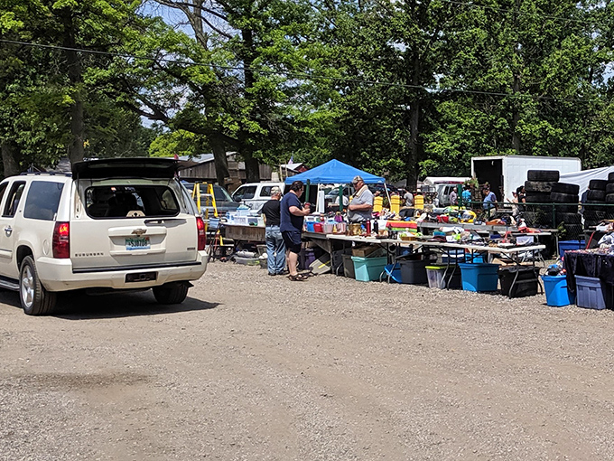 The universal flea market dance: shoppers circling tables with the focused intensity of documentarians discovering a lost civilization of household goods.
