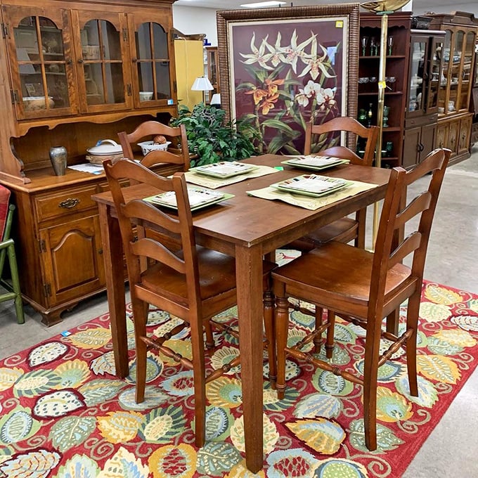 A dining set that's seen more interesting conversations than most talk shows. Those chairs have supported generations of family dinners and holiday gatherings.