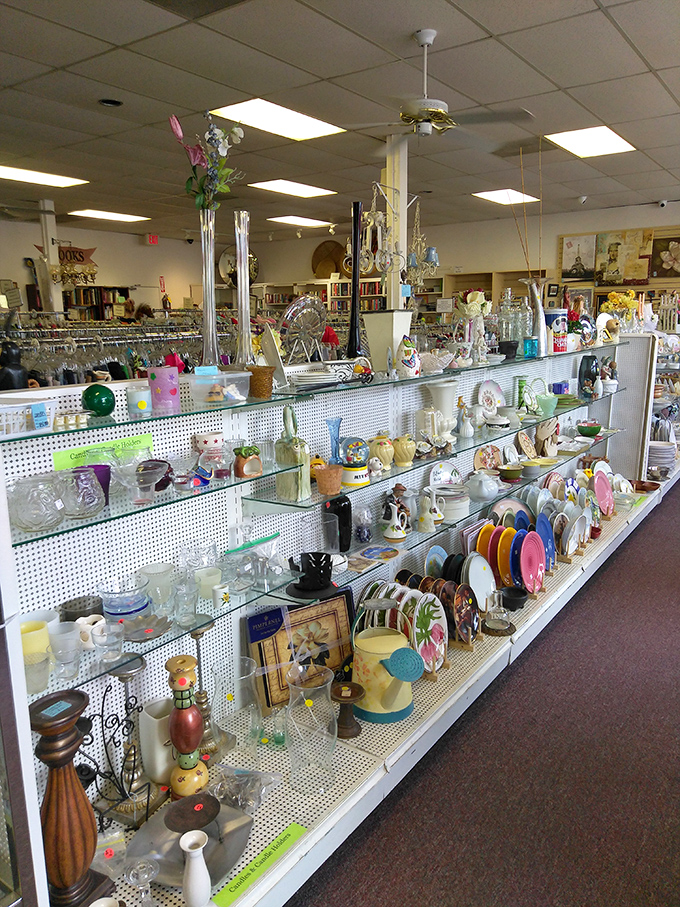 Delicate dishware and collectibles line the shelves like an archeological display of American dining habits through the decades.