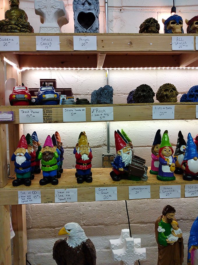 Garden gnomes stand at attention alongside Buddha statues and eagles&mdash;a quirky United Nations of lawn ornaments waiting for their forever homes.