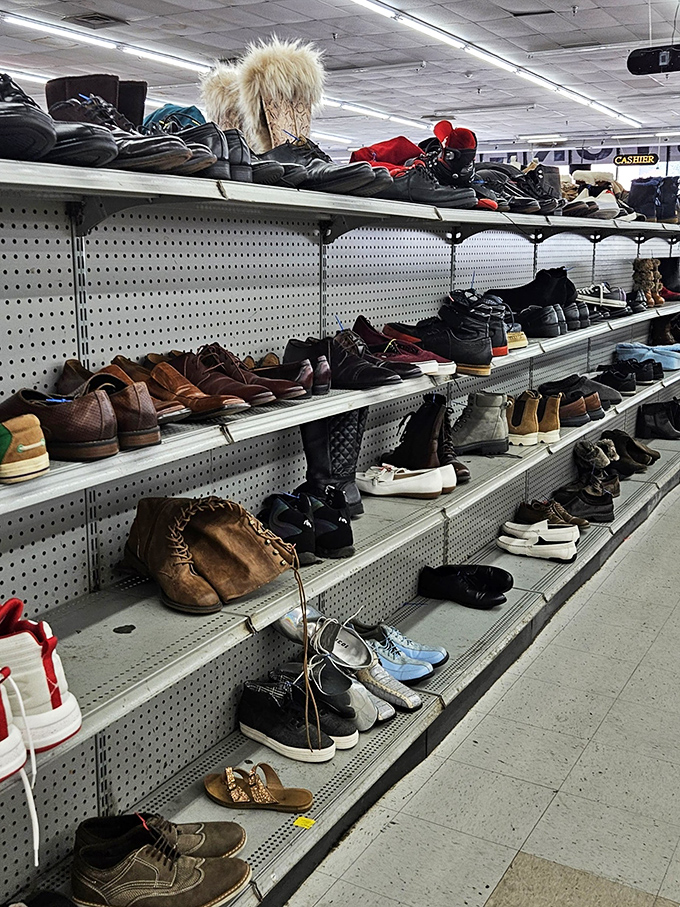 The footwear section offers more character development than most Netflix series. Each scuff tells a story; each sole has walked a different path.