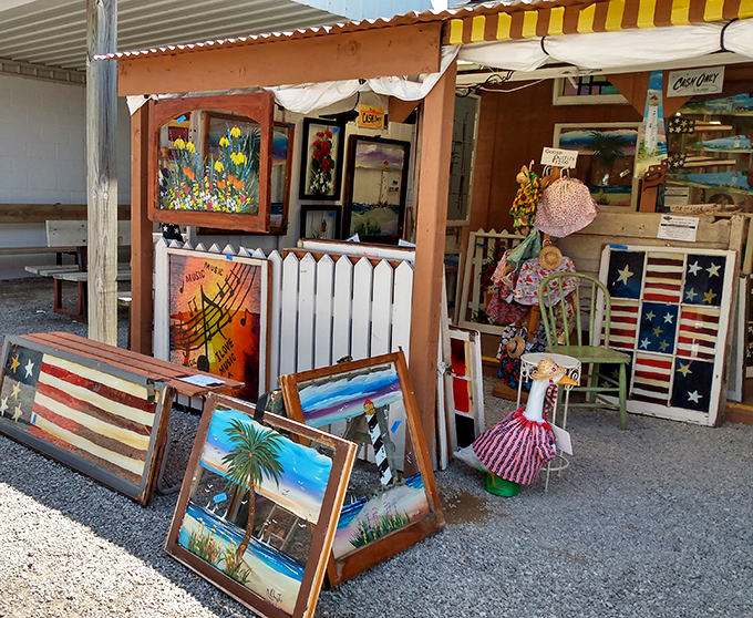 Rustic artwork that speaks to the soul&mdash;where else can you find patriotic flags, serene landscapes, and inspirational quotes all in one leisurely stroll?