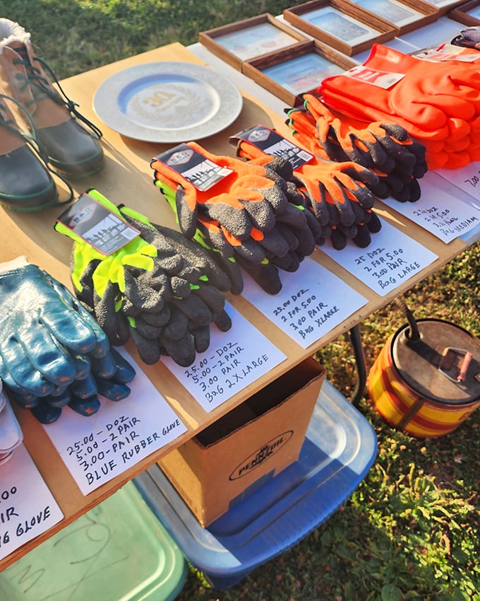 Work gloves arranged with the precision of a museum exhibit. From gardening to construction, these colorful hand protectors are ready for their second act in Pennsylvania backyards. 