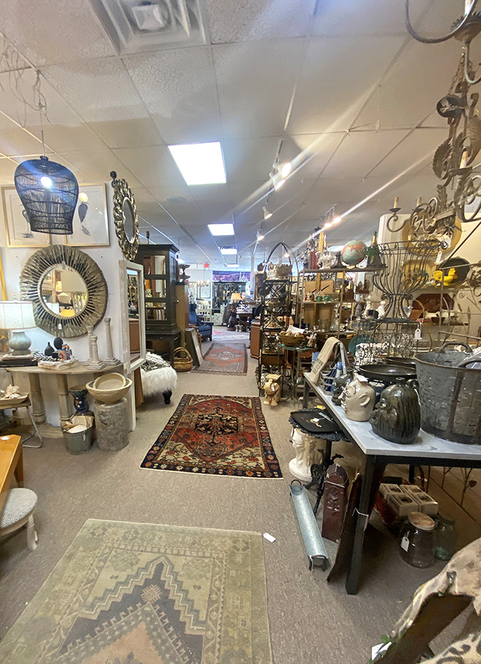Every aisle tells a different story. Persian rugs guide your journey past mirrors, garden urns, and furniture pieces waiting for their second act in someone's home.