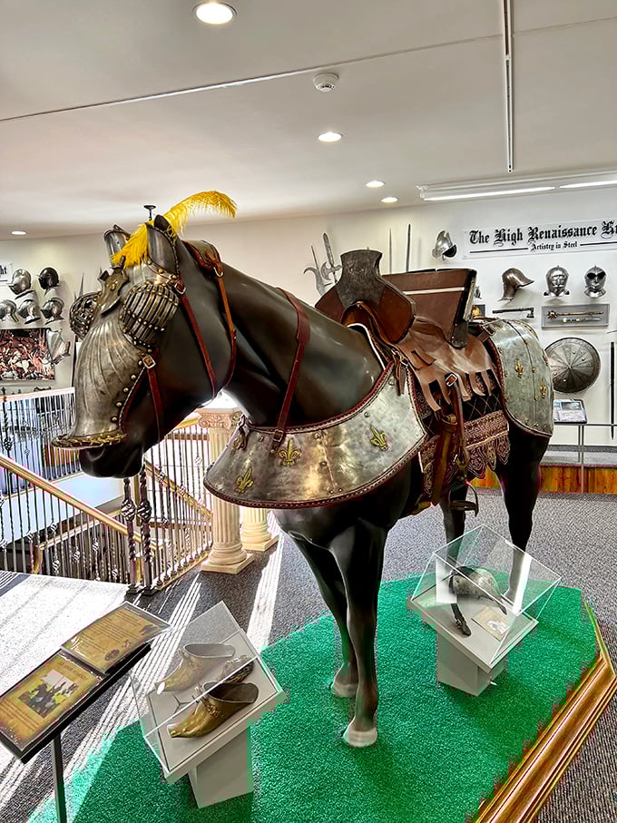 This armored warhorse looks ready for battle &ndash; though I suspect the original riders didn't have the luxury of green carpet under their steeds.