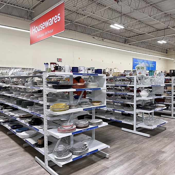 Plates with stories to tell line these shelves. Someone's wedding china might become your Tuesday night taco platter in this circle of dishware life.