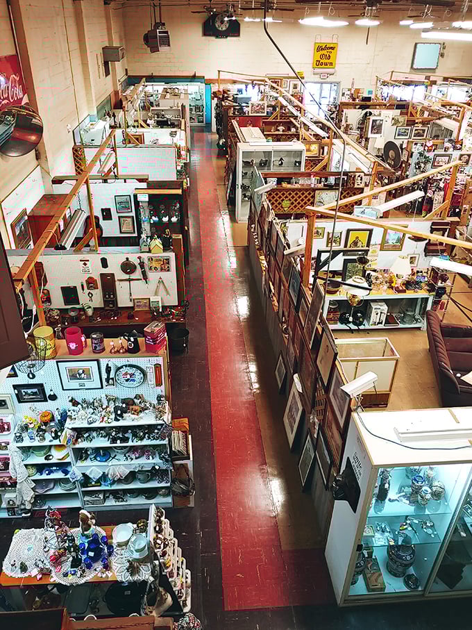 The bird's-eye view reveals the method in the magnificent madness. Each booth is its own carefully curated universe of collectibles.