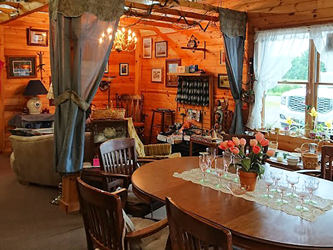 Wooden walls and warm lighting transform this rustic space into a curated display of nostalgia and possibility.