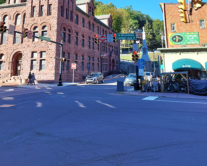 Brick, stone, and history converge at this intersection where every building seems to whisper stories from Pennsylvania's industrial heyday.