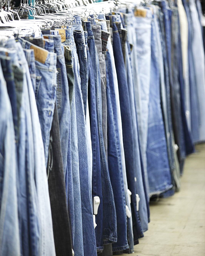 The denim district: where jeans of every era hang like a timeline of American fashion history.