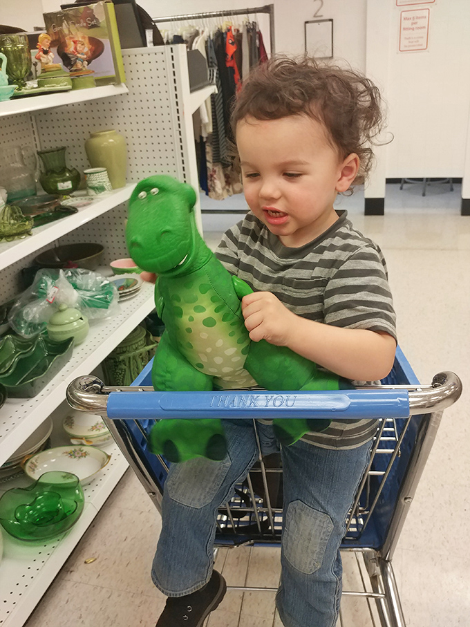 The magic of thrifting captured: discovering that perfect dinosaur friend that seems to have been waiting just for you all along.