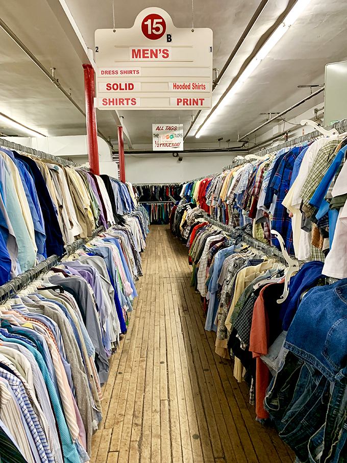 The men's department boasts more shirts than a corporate boardroom, organized with a precision that puts many department stores to shame.