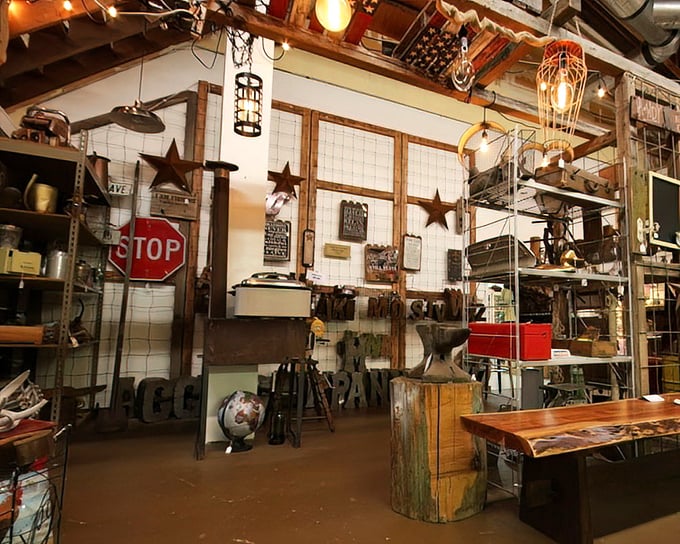 Industrial chic meets rustic charm in this metal-focused section, where even a stop sign becomes a coveted piece of home d&eacute;cor.