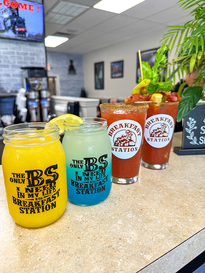 Breakfast cocktails in mason jars declaring "The only BS I need in my life"&mdash;a morning philosophy we should all consider adopting.