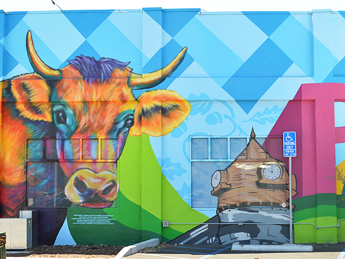 Even the street art in Paso has agricultural roots. This colorful bovine mural celebrates the region's farming heritage with psychedelic flair.