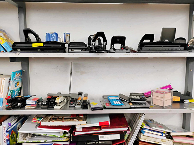 Office supplies that have seen more business meetings than most executives. That row of hole punches looks like an evolutionary chart of workplace technology.