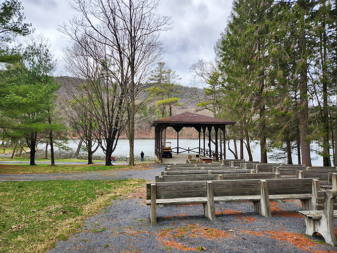 This rustic amphitheater by the lake offers front-row seats to nature's greatest show. No tickets required, just bring your sense of wonder.