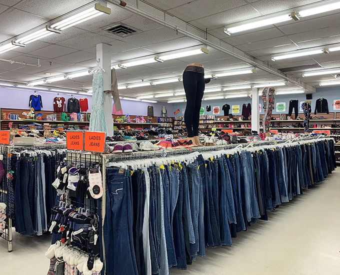 The denim section stretches toward the horizon like a blue jean ocean. Somewhere in this sea of pants is your perfect pair.