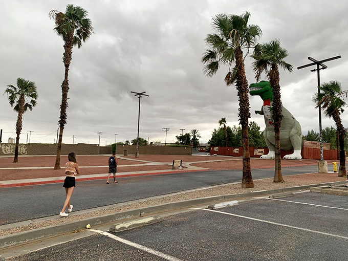 Even the parking lot feels like stepping into a time machine with dinosaurs watching overhead.