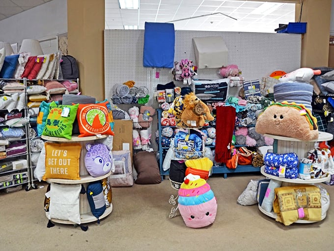 Plush companions waiting for new homes. In the stuffed animal section, childhood nostalgia sits on shelves, each fuzzy face promising comfort and joy.