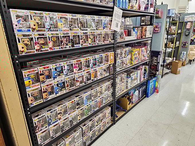 Pop culture immortalized in vinyl figurines. This wall of boxed characters is like a who's who of entertainment, preserved in miniature for posterity and passionate collectors.