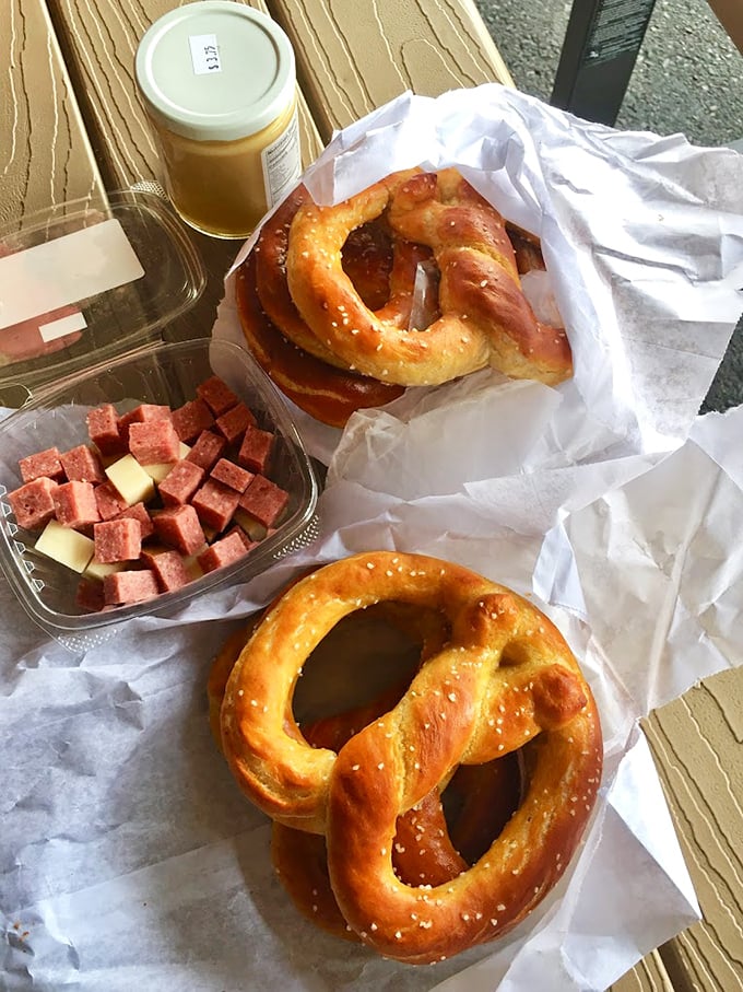 The holy trinity of Lancaster County: fresh pretzels, local cheese, and a jar of honey mustard. Name a more perfect roadside picnic&mdash;I'll wait.