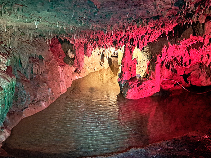 Underground pools reflect cave lights like nature's own disco ball, minus the questionable dance moves from decades past.