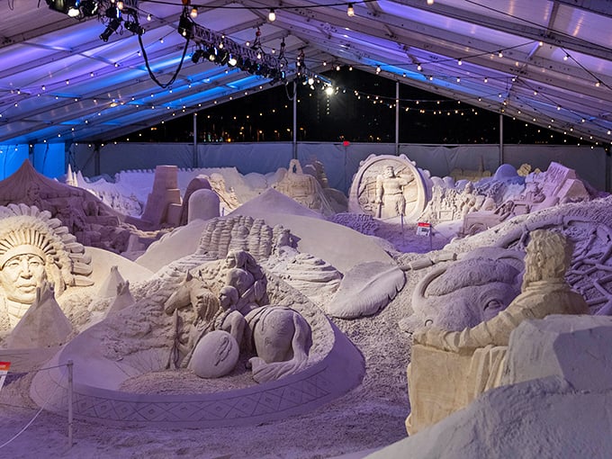 Sand artists transform Clearwater's famous sugar-white grains into elaborate masterpieces under twinkling lights, proving beach creativity extends well beyond sandcastle competitions.